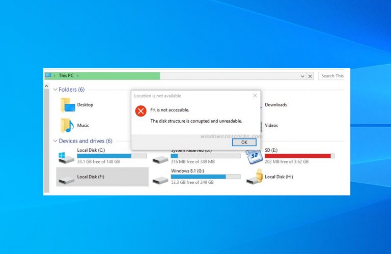Fix the Disk structure is corrupted and unreadable windows 10