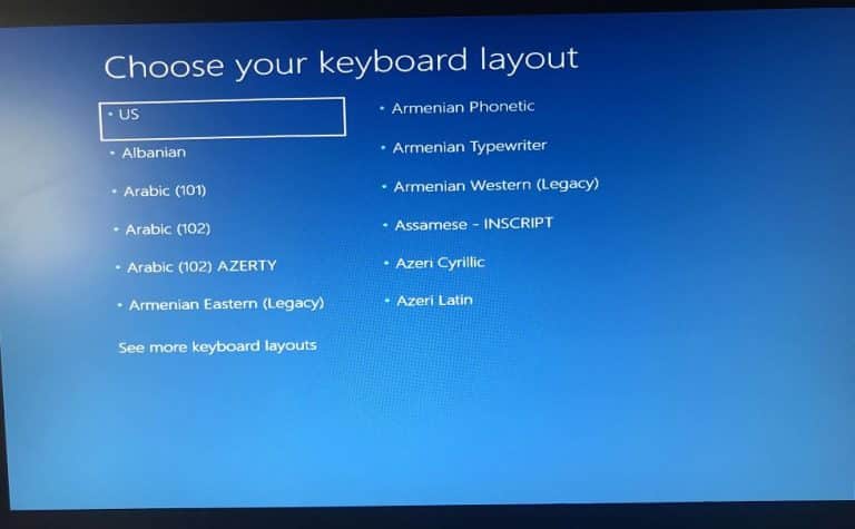 Windows 10 Upgrade stuck at Choose your keyboard layout screen
