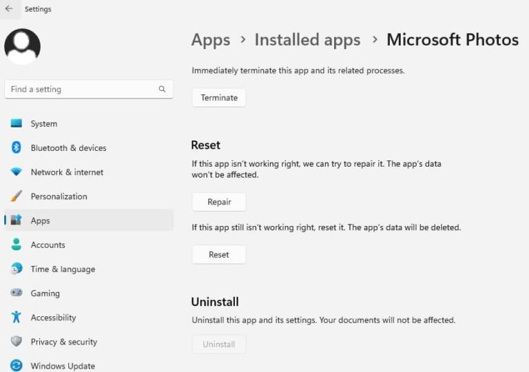 How to Repair or reset the Photos app Windows 11