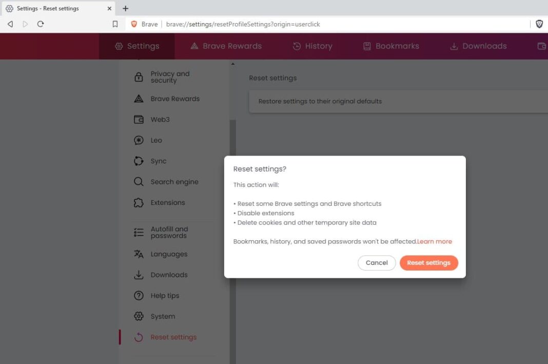 Fix Brave Browser Problems By Resetting It on Windows 11/10