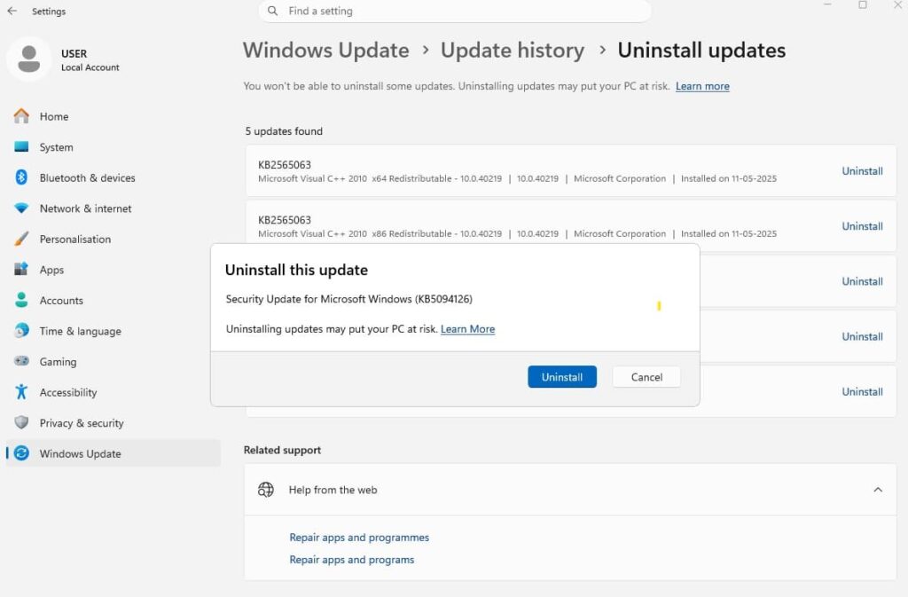 How to Uninstall Windows Update (Windows 11 KB5094126)